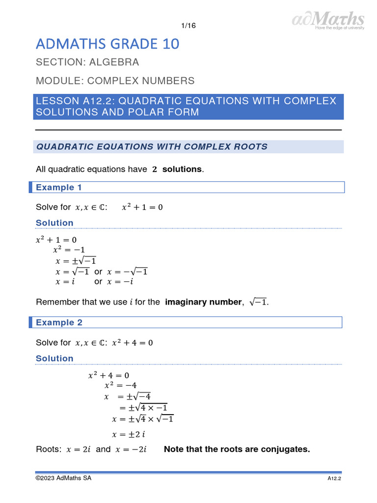 A12.2 e Polar Form | PDF | Complex Number | Quadratic Equation