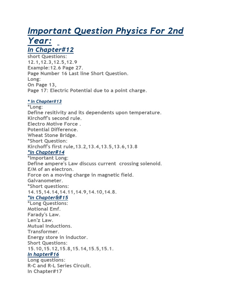 Key Physics Questions for 2nd Year | PDF
