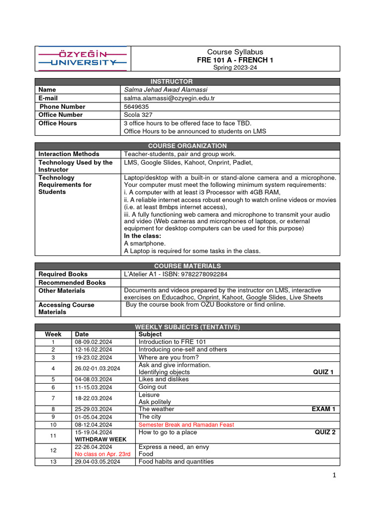 FRE 101.a SIS Syllabus - 2024 - Spring | Download Free PDF | Academic Dishonesty | Computing