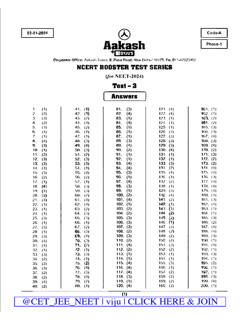 NBTS 3 CODE A Viju Answer Key @CET - JEE - NEET | PDF
