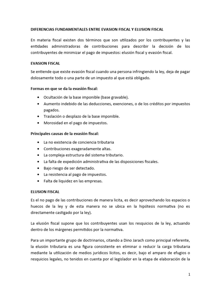 Diferencias Evasion Fiscal y Elusion Fiscal | PDF | Evasión de ...