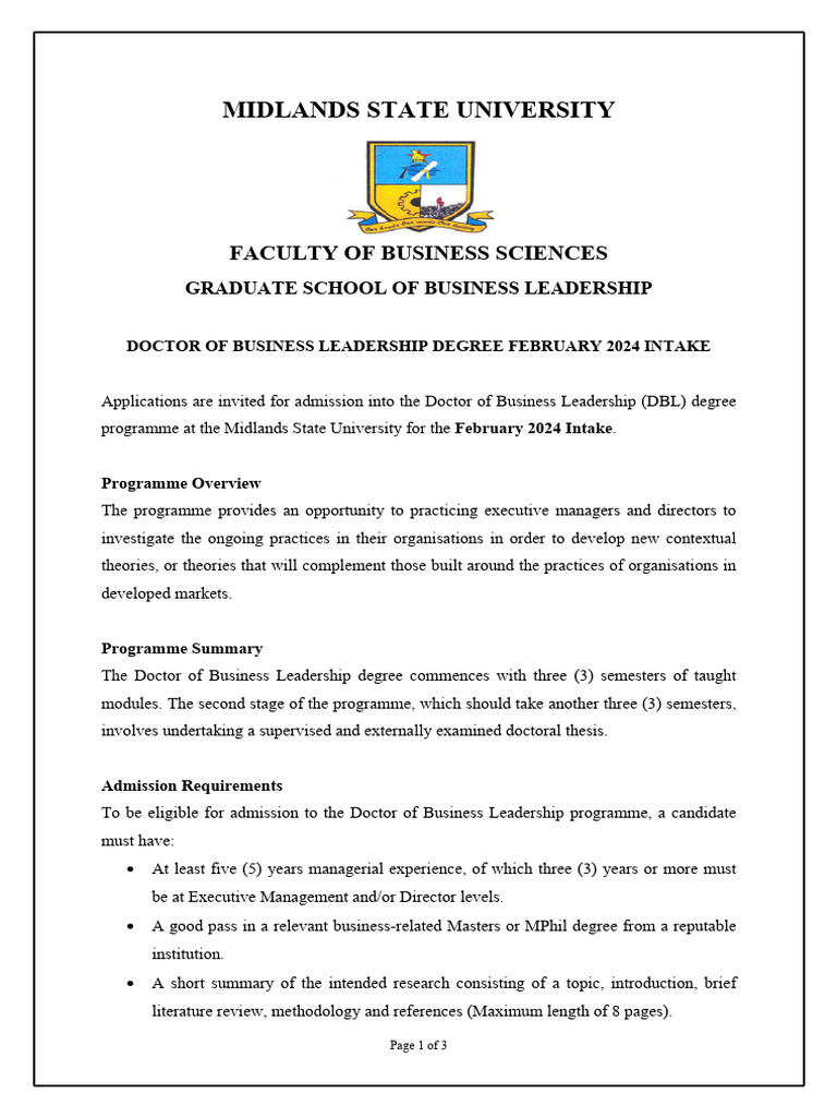 DBL February 2024 Intake Advert | PDF | Doctorate | Academic Degree