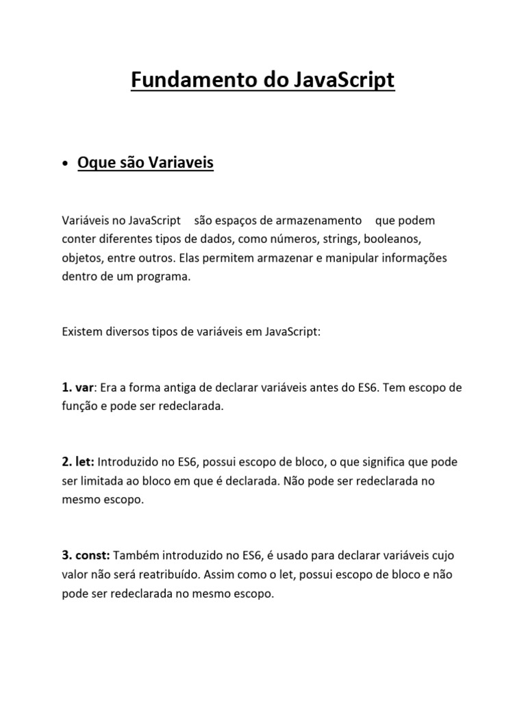 Fundamentos De Javascript Resumo Pdf Script Java Tipo De Dados