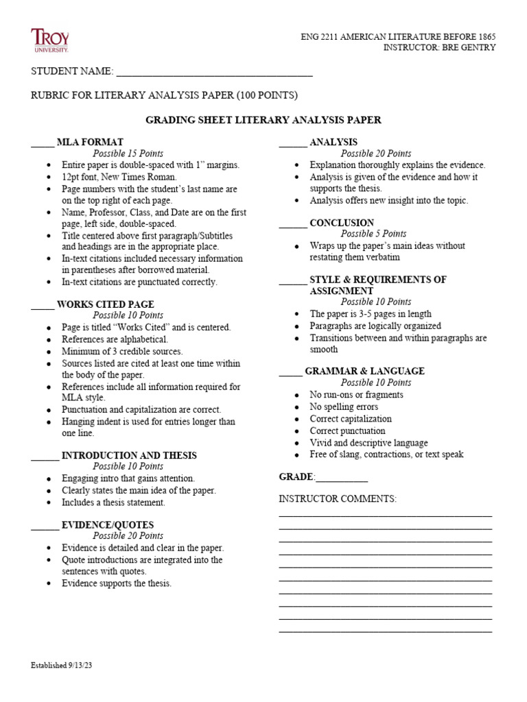 Literary Analysis Grading Sheet-Rubric | PDF | Citation | Paragraph
