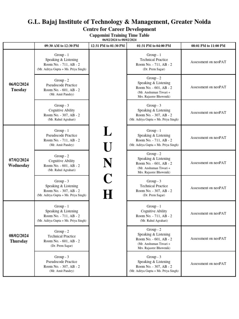 Capgemini Training Time Table | PDF