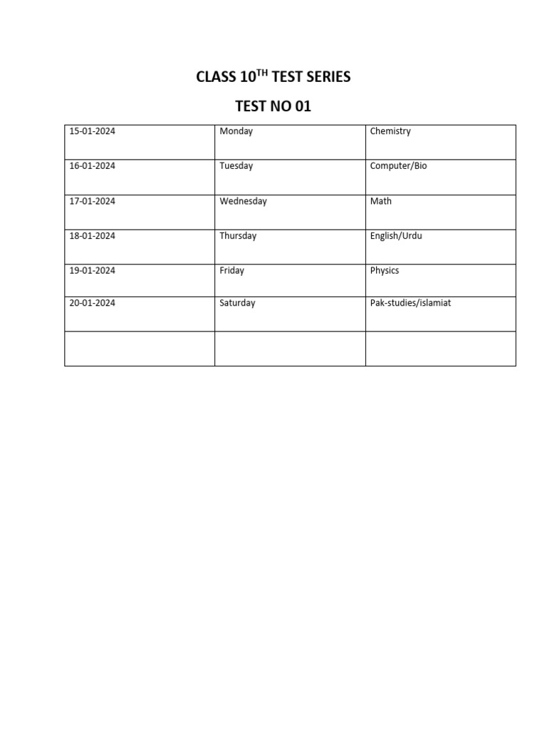 Class 10th Test Series Shedule | PDF