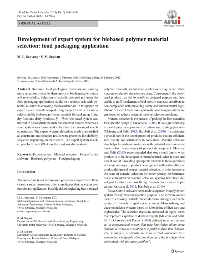 Development of Expert System For Biobased Polymer Material Selection-Food Packaging Application ...