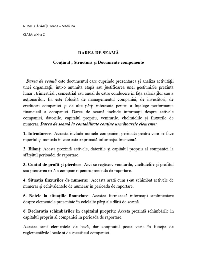 Darea de Seama - Continut , Structura Si Documente Componente | PDF
