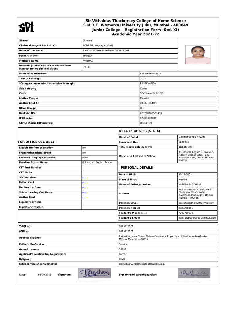 Std XI Registration Form - SVT College | PDF