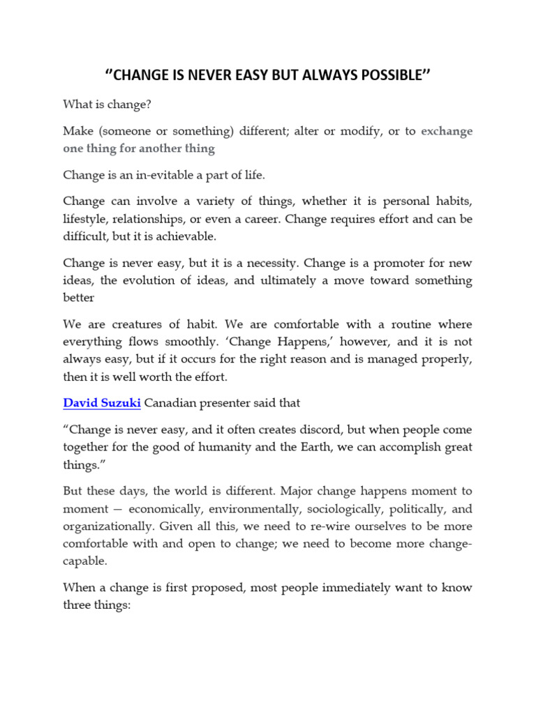 Change Is Never Easy But Always Possible | PDF | Cognition | Cognitive ...