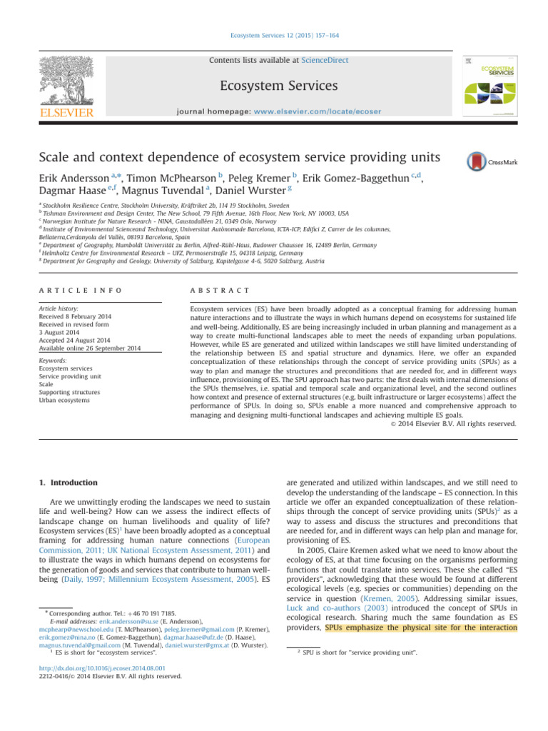 Scale and Context Dependence of Ecosystem Service Providing Units | PDF ...