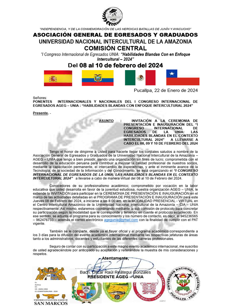 Carta de Invitación A Inauguración Del Congreso Internacional ... Carta de Invitación A Inauguración Del Congreso Internacional ...