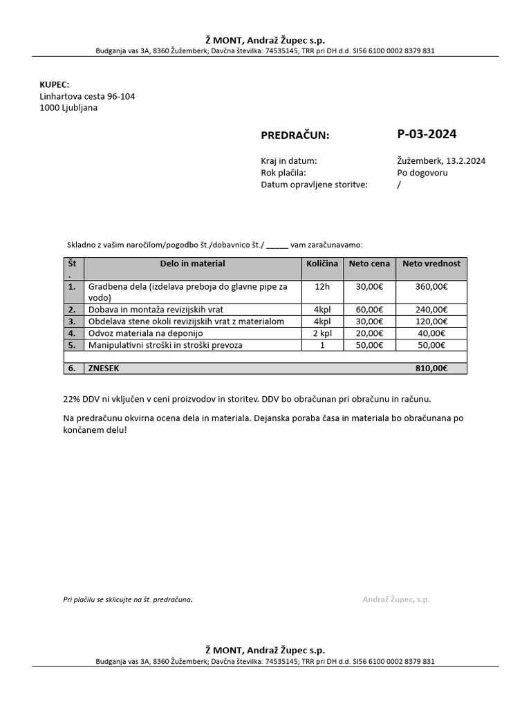 Predračun:: Ž MONT, Andraž Župec S.P | PDF