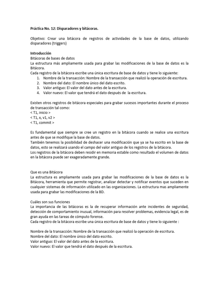Práctica No 12 Taller de Bases de Datos Disparadores y Triggers | PDF | Bases de datos ...
