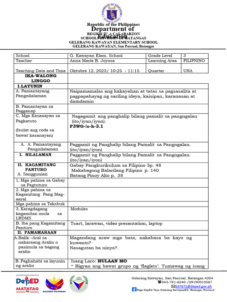 Lesson Exemplar Sa Filipino 3 2023 COT | PDF