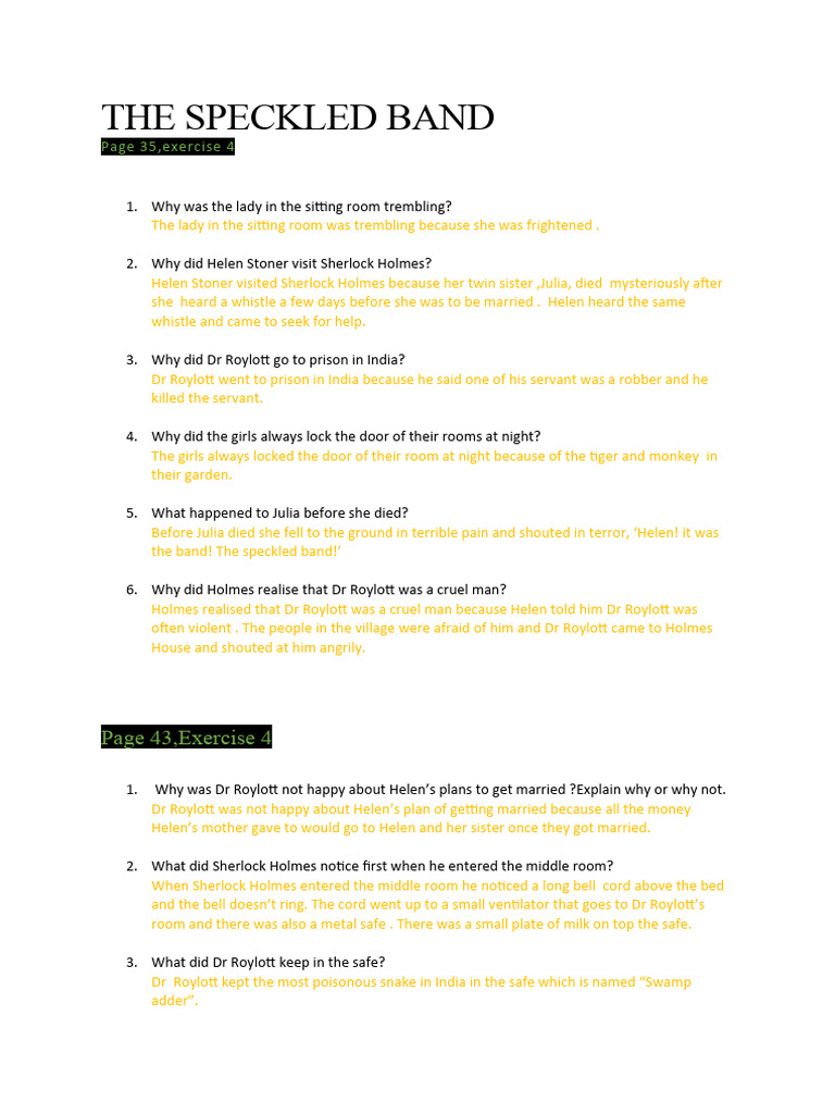 The Speckled Band: Page 43, Exercise 4 | PDF