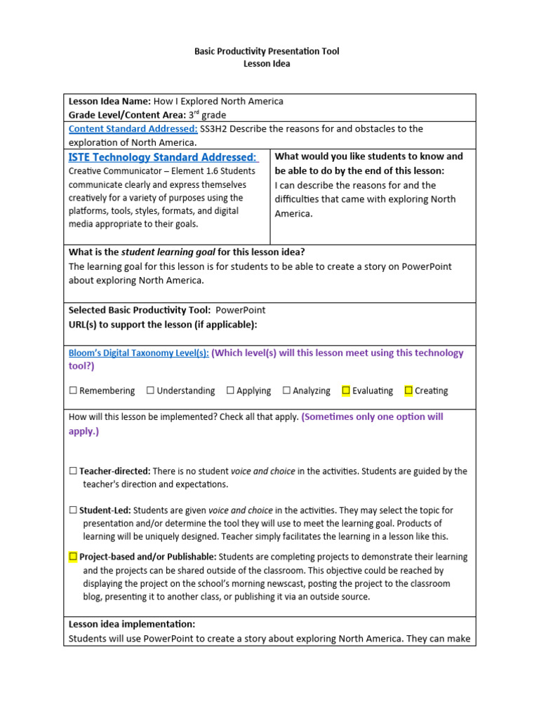 Itec 3100 Bpts Basic Productivity Tools Lesson Idea | PDF | Teachers | Project Based Learning