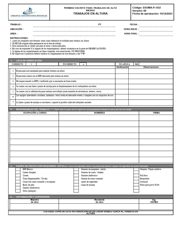 FOR - SSOMA-Fr-032 PETARS Trabajo en Altura | PDF