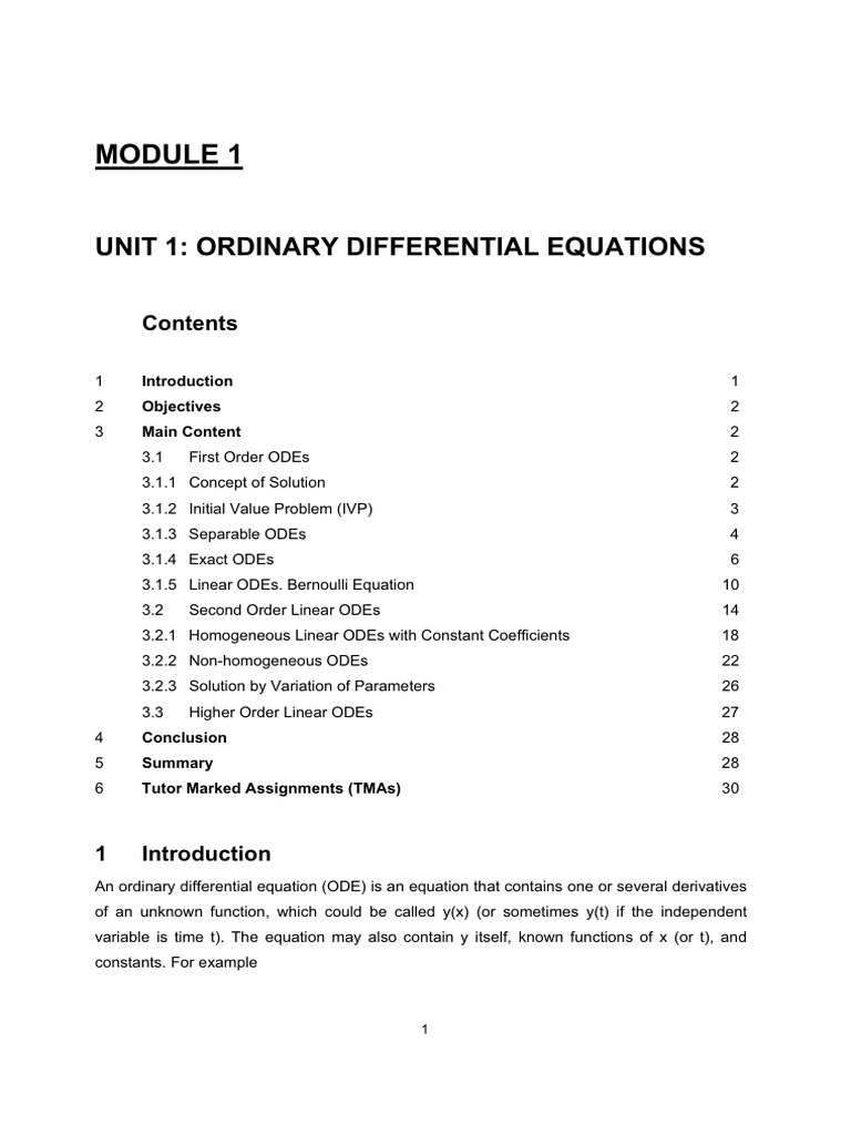 Unit 1: Ordinary Differential Equations: Objectives Main Content | PDF | Ordinary Differential ...