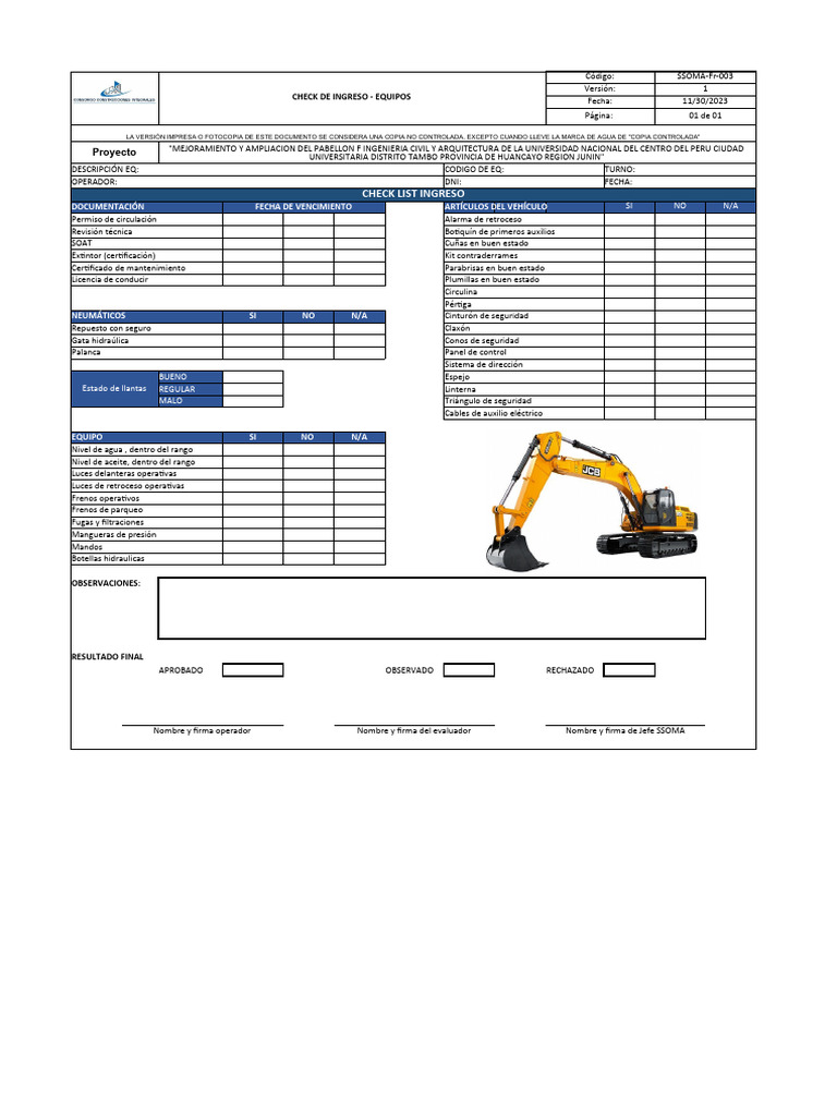FOR - SSOMA-Fr-003 Check List Ingreso de Equipo | PDF | Bienes ... FOR - SSOMA-Fr-003 Check List Ingreso de Equipo | PDF | Bienes ...
