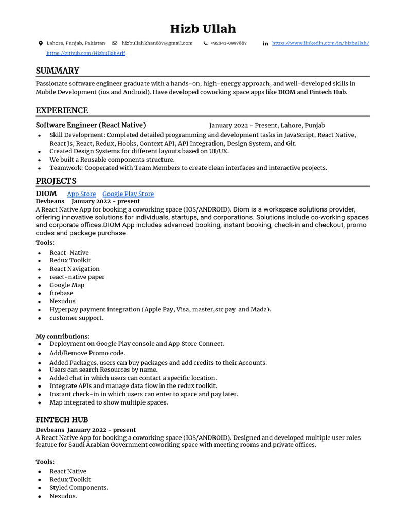 Hizbullah CV React Native | PDF | Mobile App | Ios