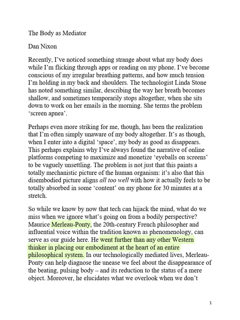 The Body As Mediator | PDF | Phenomenology (Philosophy) | Experience