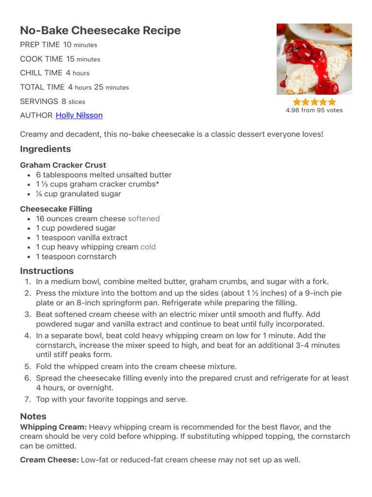 No-Bake Cheesecake Recipe - Spend With Pennies | PDF | Cheesecake ...