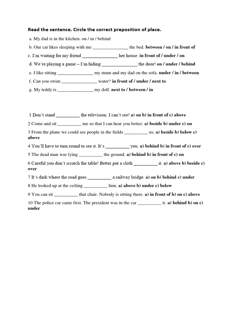 Prepositions of Place Worksheet | PDF | Language Arts & Discipline