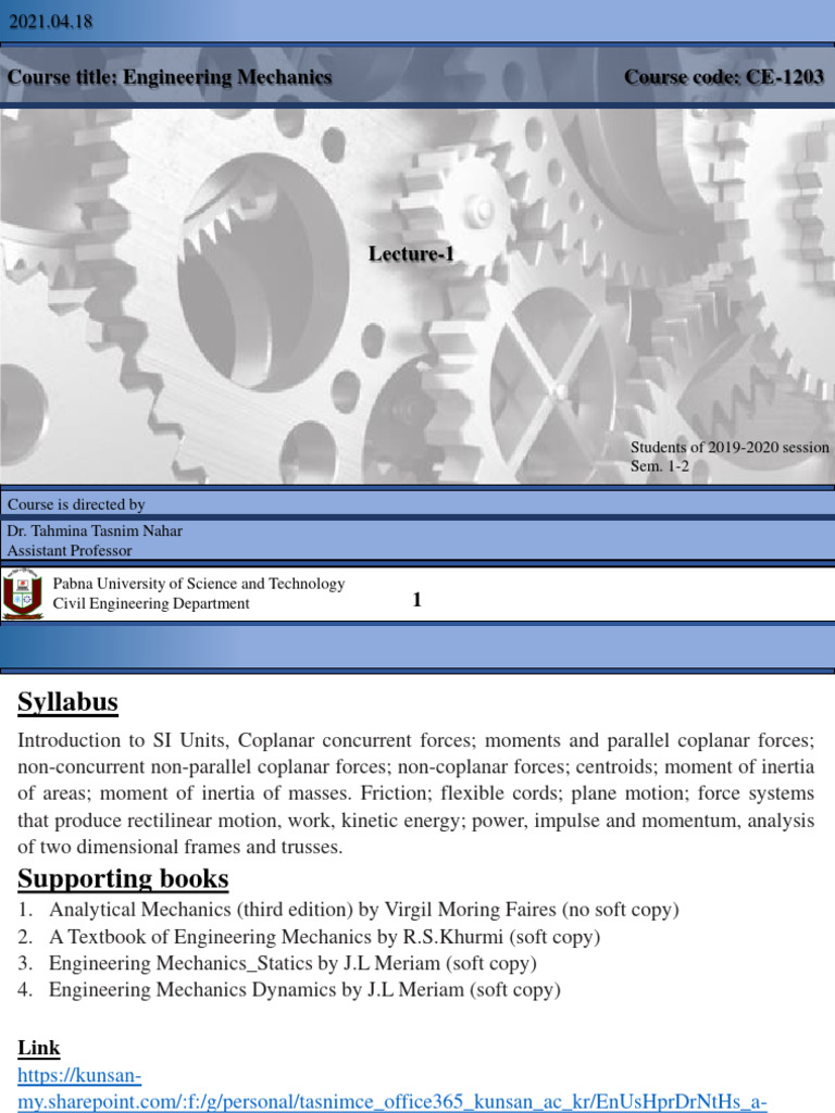 Lecture-1 EM Dr. Tahmina | PDF | Friction | Rotation Around A Fixed Axis