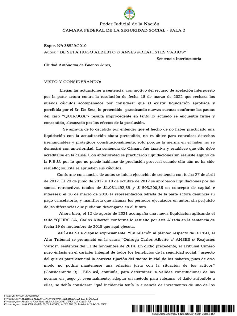 Jurisprudencia 2022 - Fallo de Seta, Hugo Alberto Ejecución de Sentencia. Liquidación Con ...