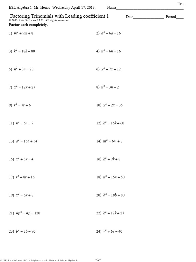 Factoring Trinomials With Leading Coefficient 1: M M + 8 A A 16 | PDF