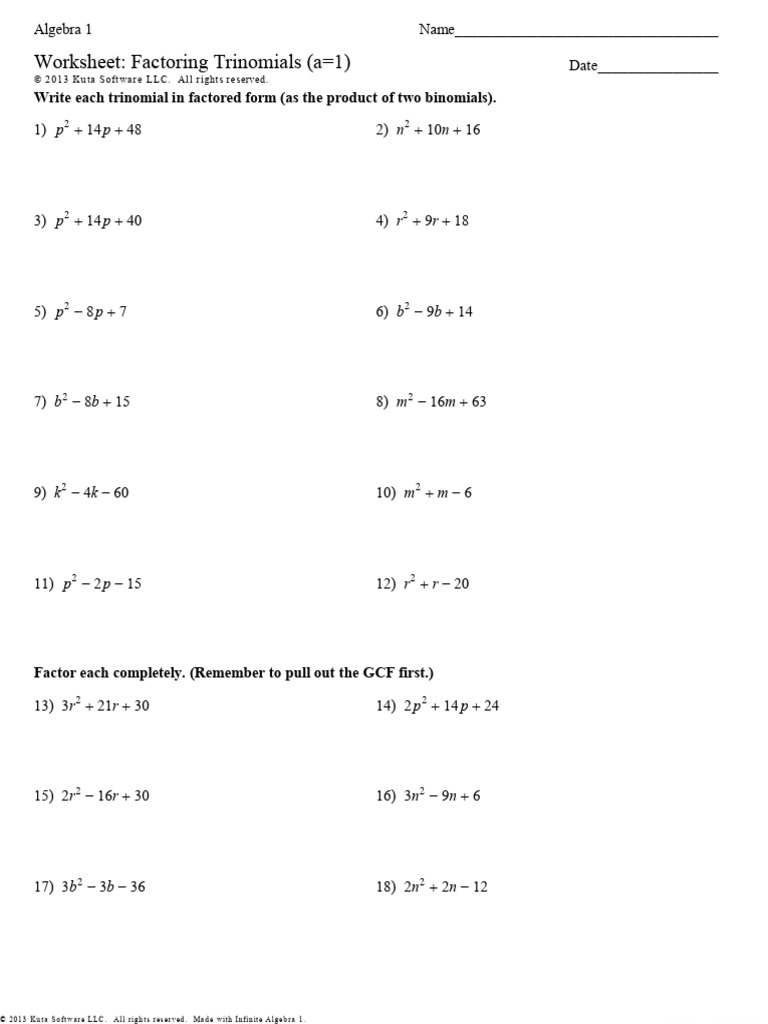 Factoring Trinomials A Is 1 Worksheet 1 | Download Free PDF | Algebra