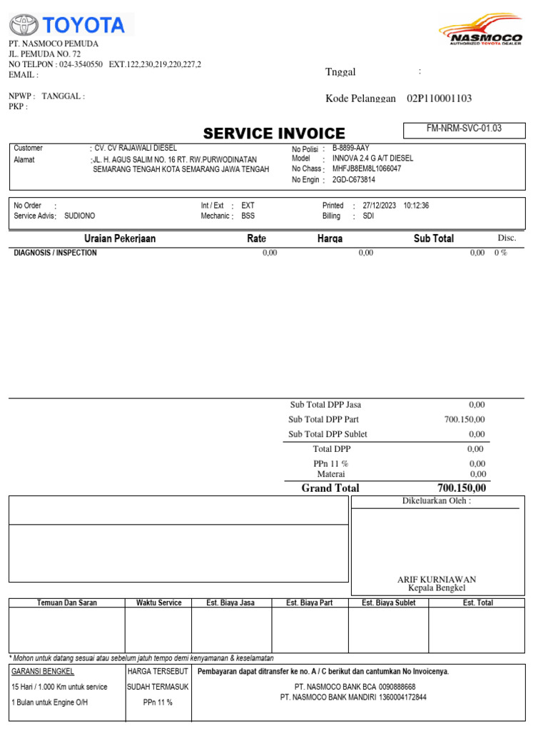 Faktur Servis Mobil Toyota | PDF