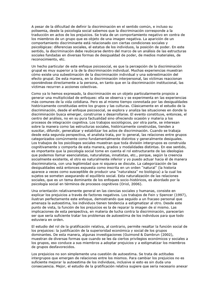 A Pesar de La Dificultad de Definir La Discriminación en El | PDF | Discriminación | Psicología ...