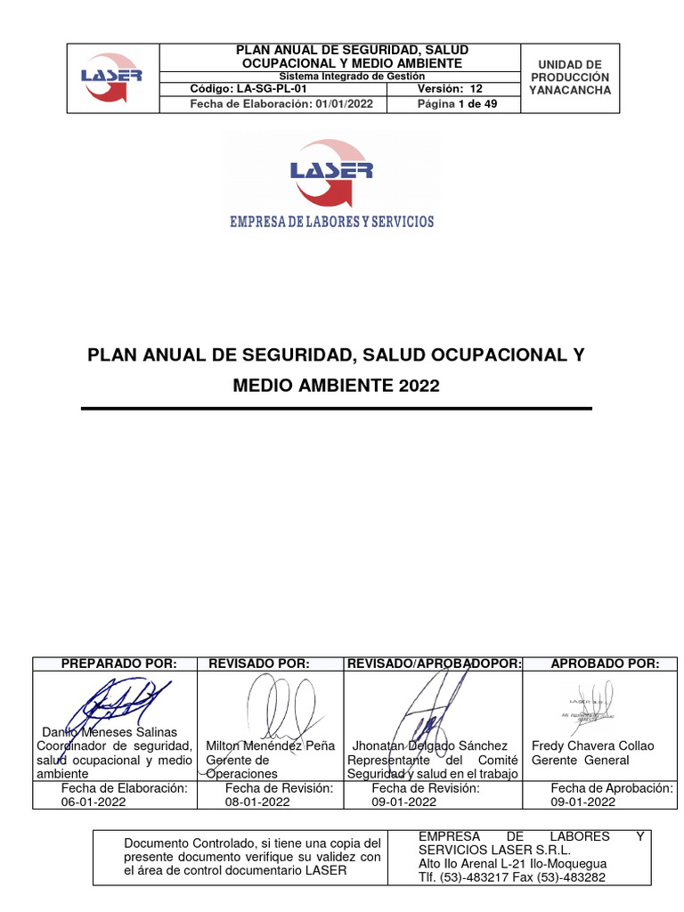 2.1. La-Sg-Pl-01 Plan Anual de Seguridad 2022 | PDF | Seguridad y salud ocupacional | Business