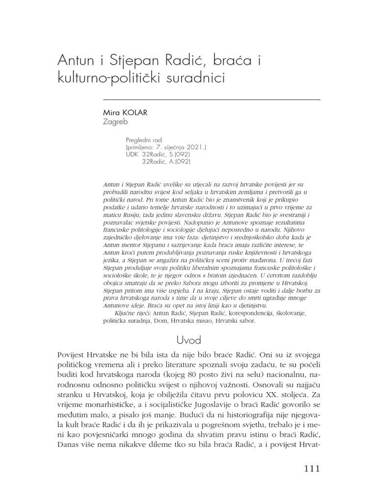 Antun I Stjepan Radić, Braća I Kulturno-Politički Suradnici | PDF