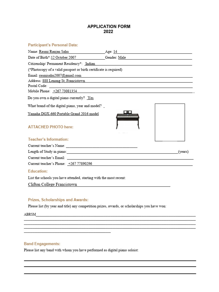 2022 Piano Competition Application Form | PDF | Career & Growth ...