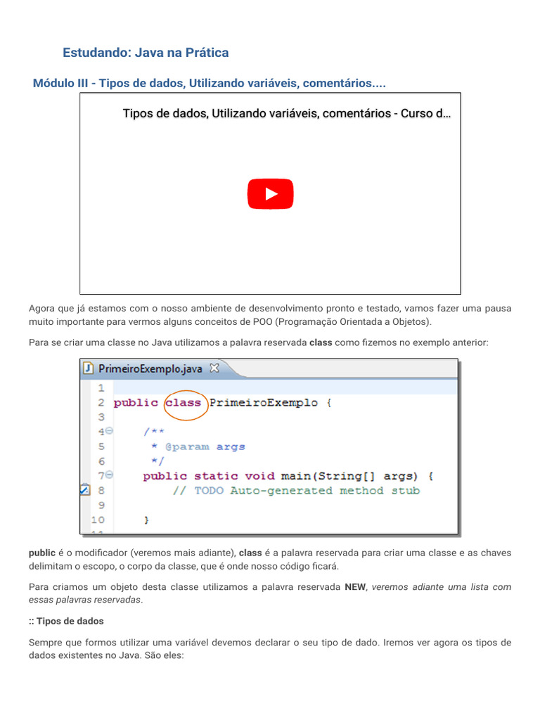 Tipos de Dados e Variáveis em Java | PDF | Escopo (Ciência da ...