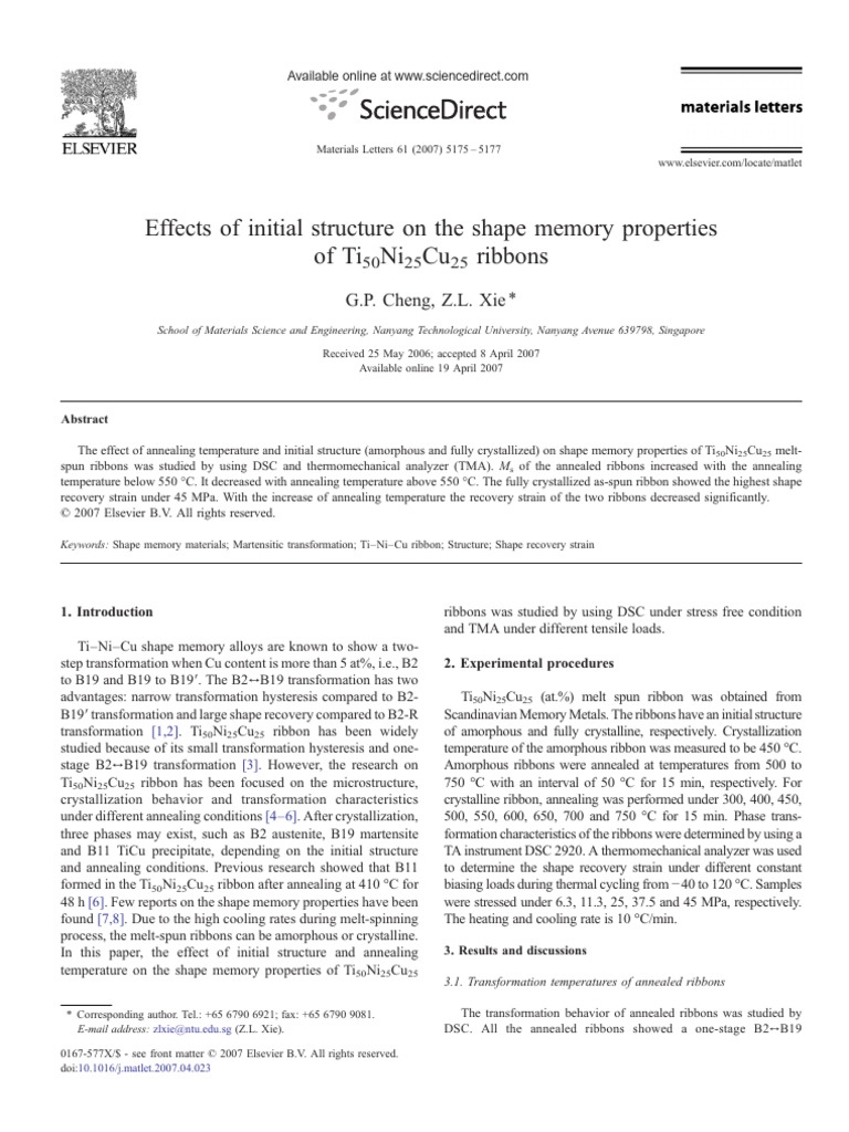 Effects of Initial Structure On The Shape Memory Properties of Ti Ni Cu Ribbons | PDF | Shape ...