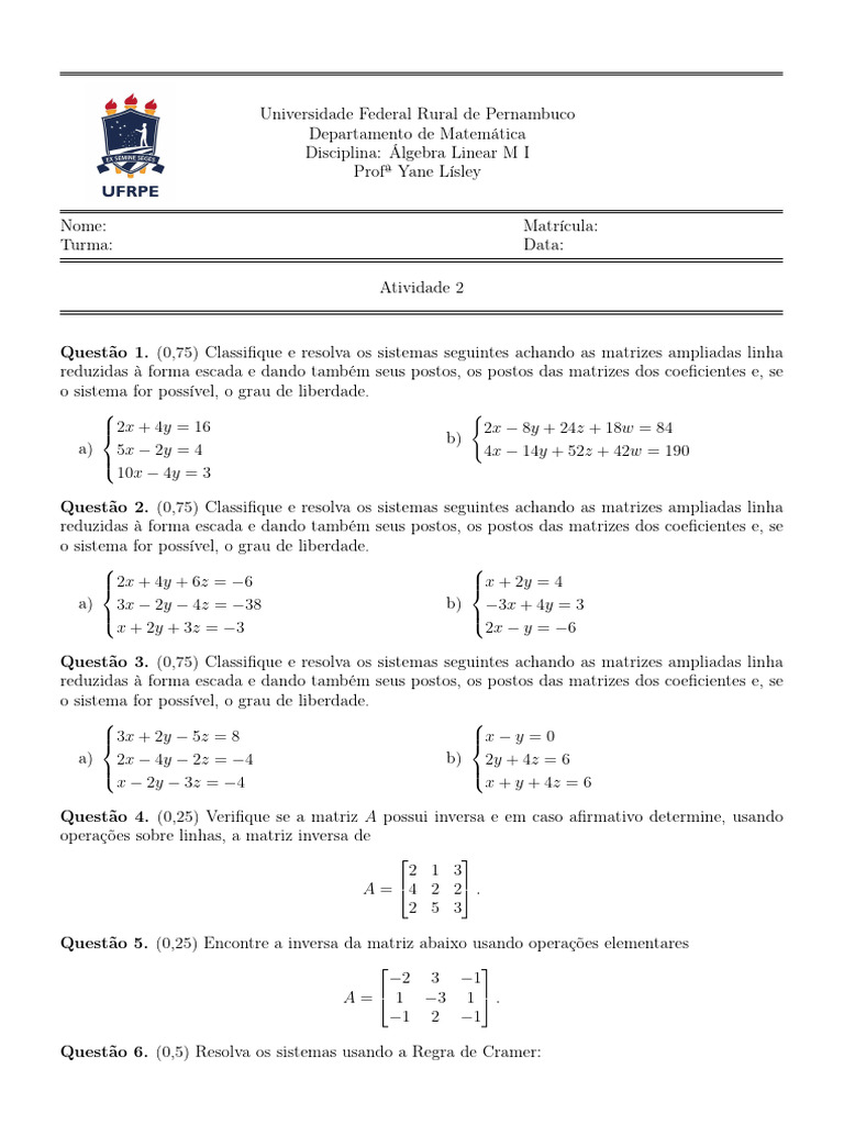 atividadesistema | PDF | Matemática | Álgebra abstrata