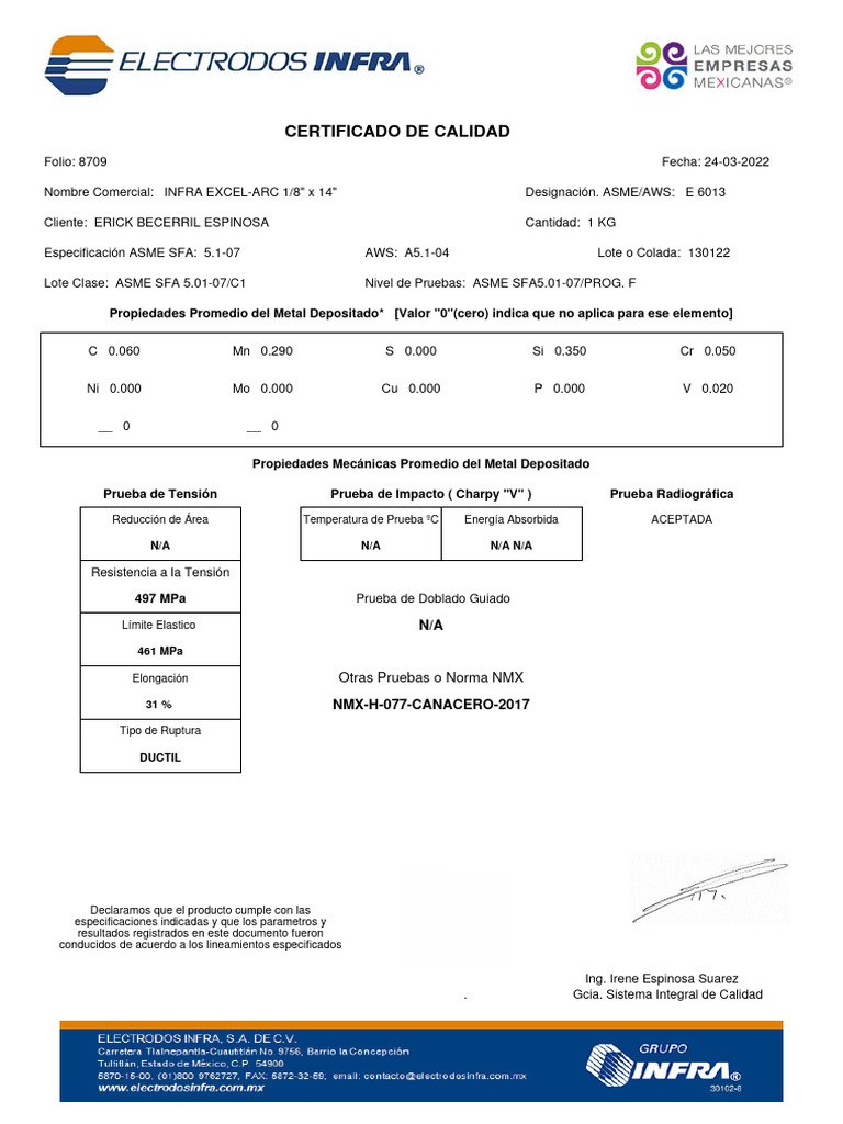 Certificado de Calidad INFRA EXCEL-ARC | PDF