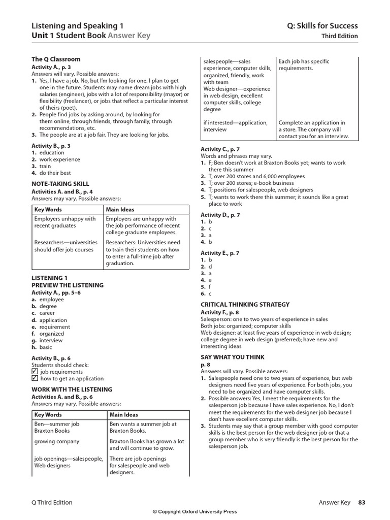 Q Skills Listening and Speaking 1 Answers | PDF | Sleep | Coffee