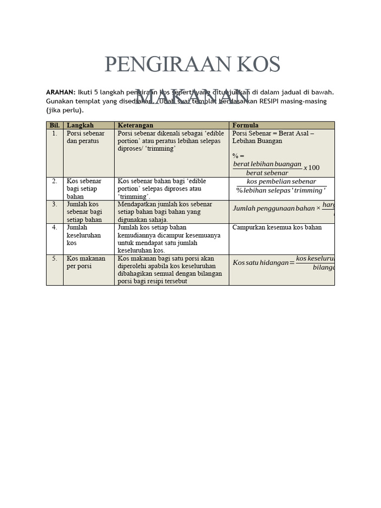 Pengiraan Kos Resipi | PDF