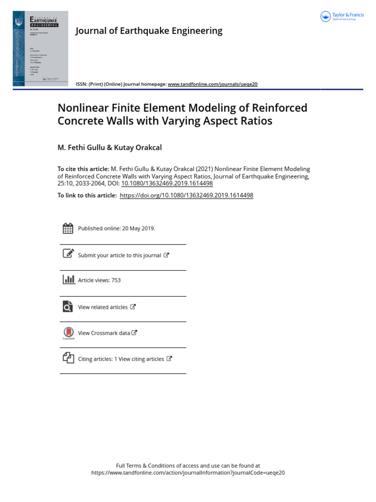 Nonlinear Finite Element Modeling Of Reinforced Concrete Walls With Varying Aspect Ratios Pdf
