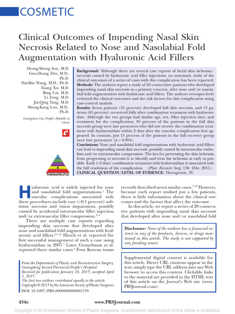 Clinical Outcomes of Impending Nasal Skin Necrosis Related To Nose and ...