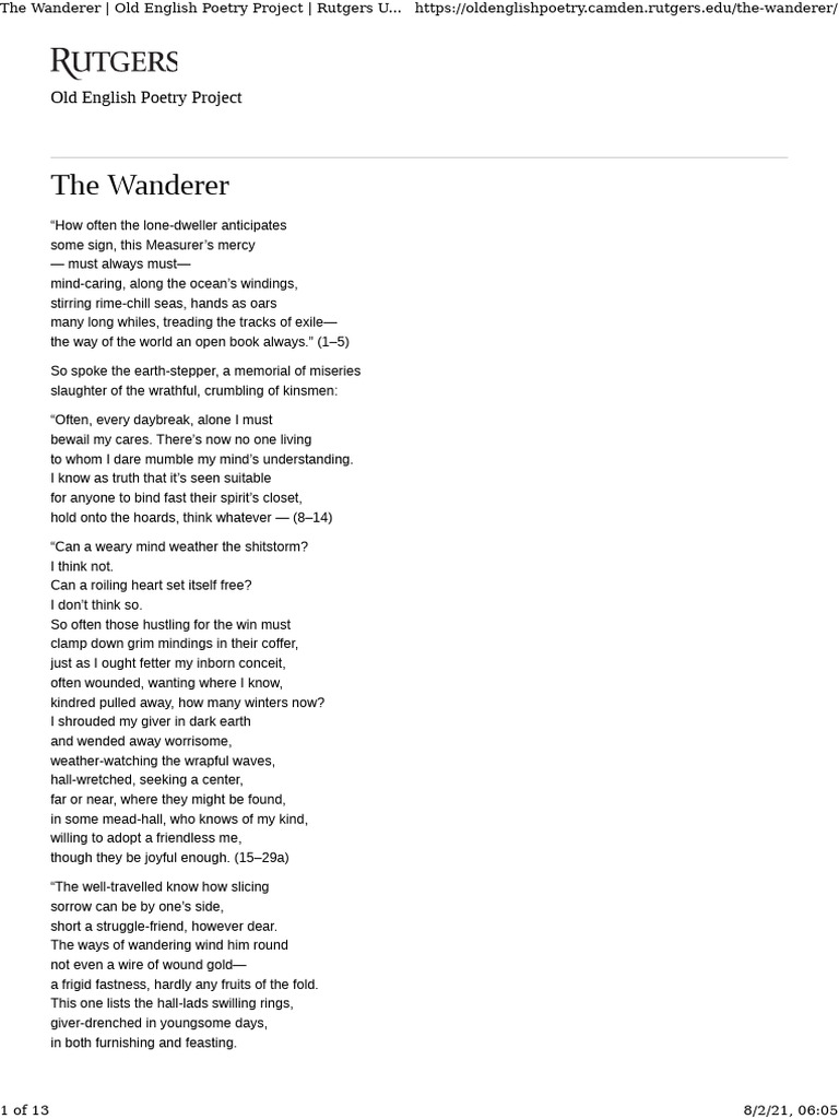The Wanderer - Old English Poetry Project - Rutgers University | PDF ...