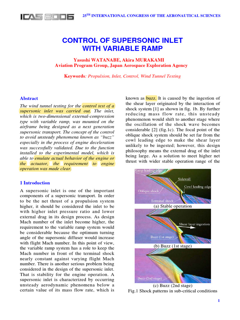 Control of Supersonic Inlet | PDF | Mach Number | Wind Tunnel