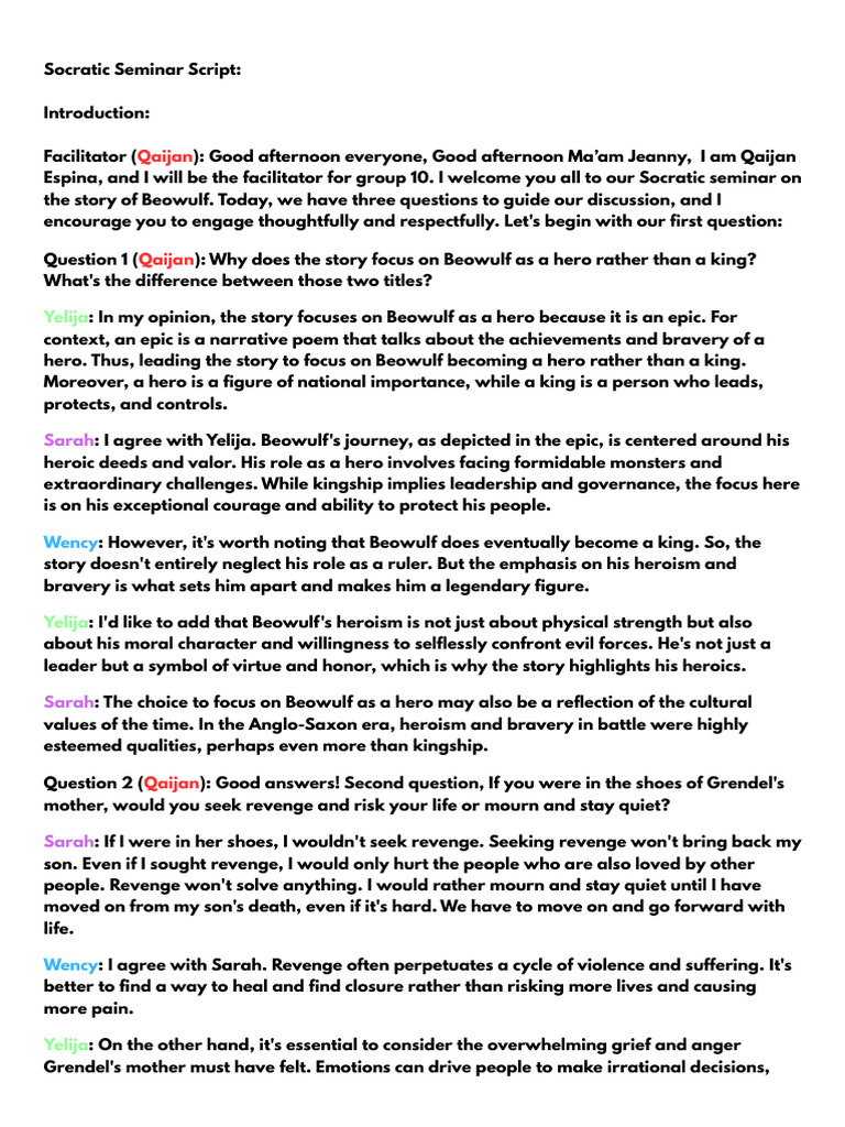 Socratic Seminar Script | Download Free PDF | Courage | Hero