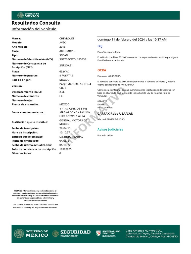 Chevrolet Aveo 2013: Info y Estado Legal | PDF | Vehículos de ruedas ...