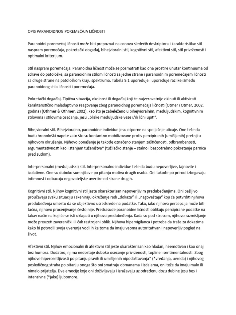Opis Paranoidnog Poremećaja Ličnosti | PDF